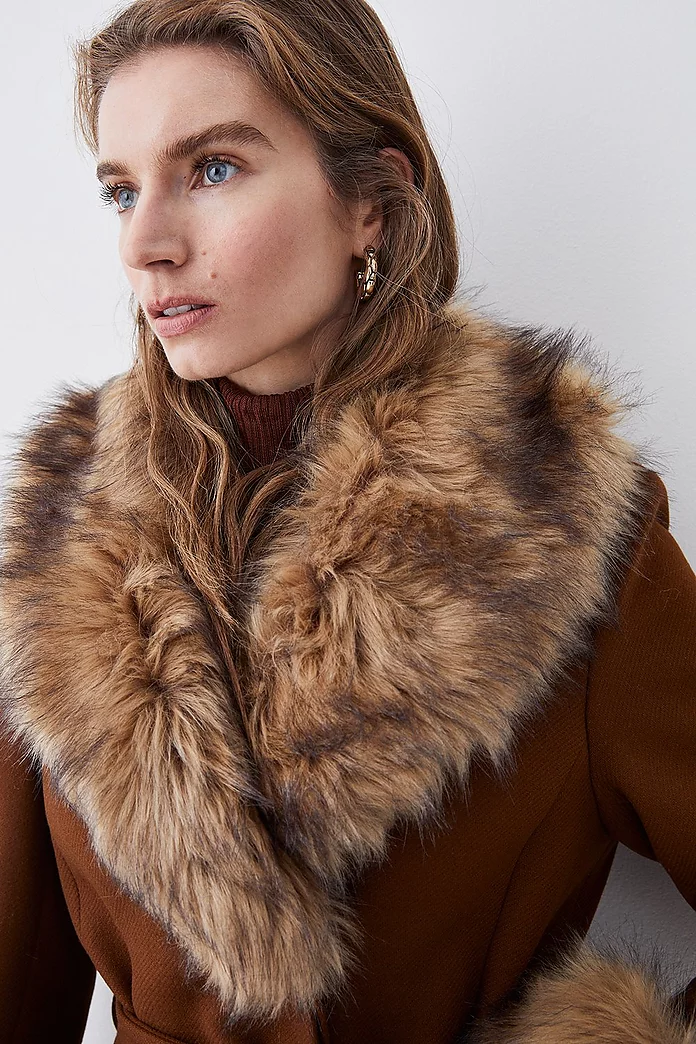 Italian Virgin Wool Faux Fur Belted Coat | Karen Millen Italian Virgin Wool Faux Fur Belted Coat | Karen Millen